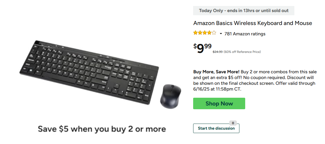 Amazon Basics Wireless Keyboard and Mouse Combo $9.99 or 2 for $15!